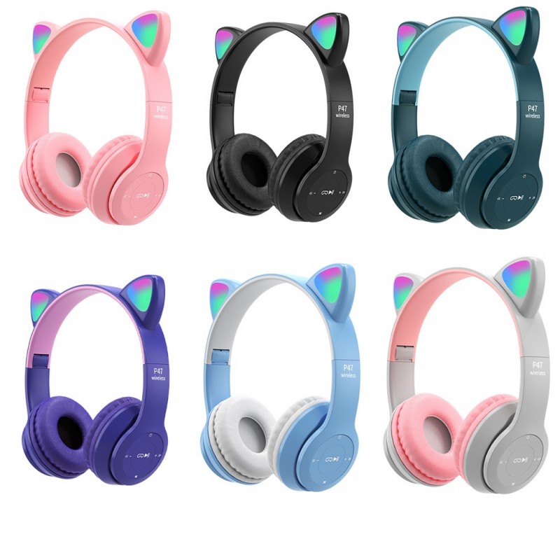 P47M Cute Fashion Cat Ears Wireless Headphones Flash Light LED RGB ...