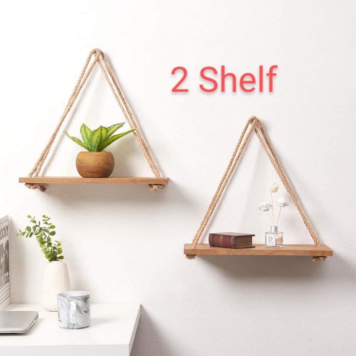 Wood Wall Hanging Shelf, Wood Floating Shelves, Hanging Swing Rope ...