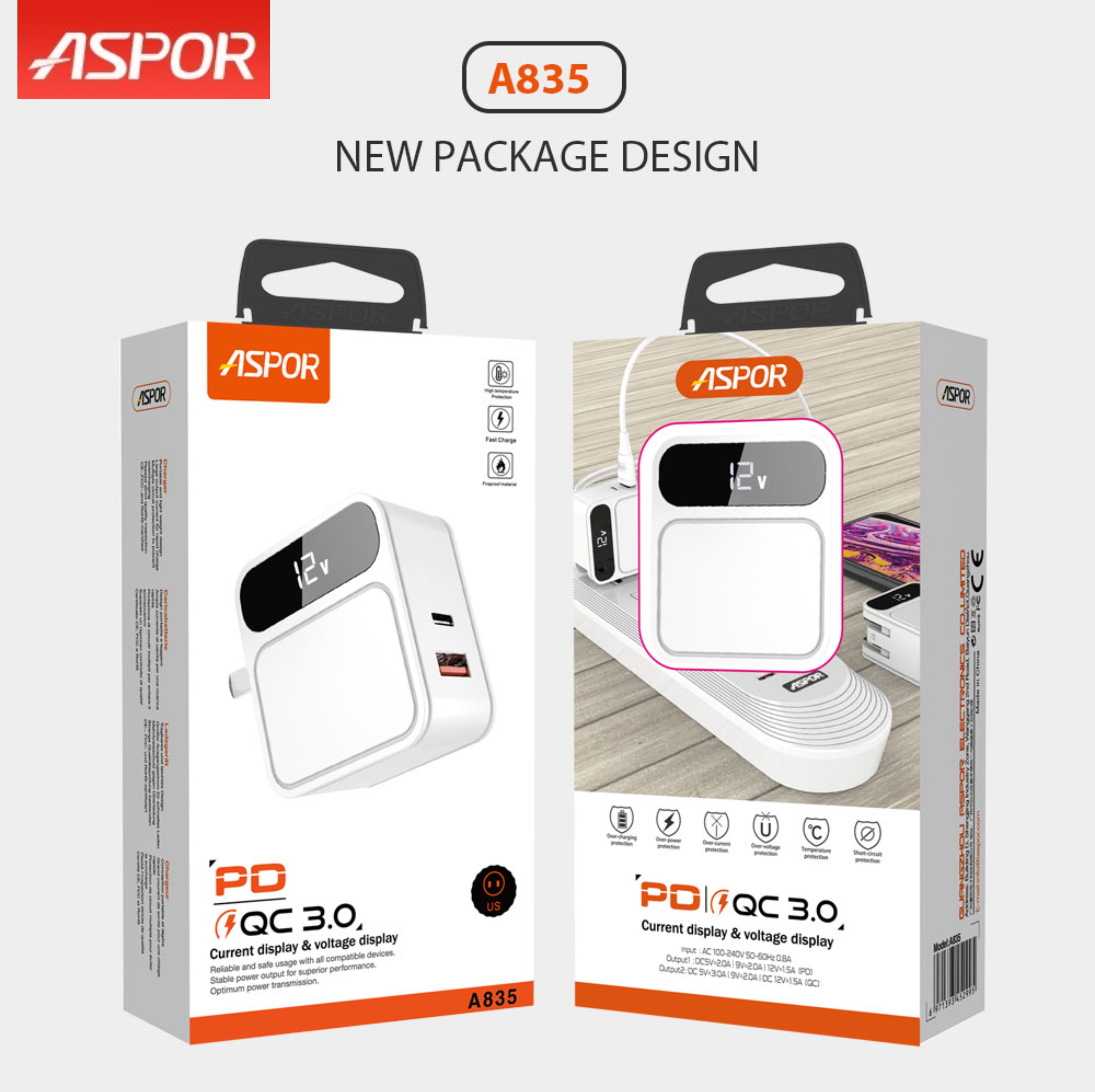 ASPOR A835 Adapter PD Home Charger with LED Digital Display | Daraz.lk