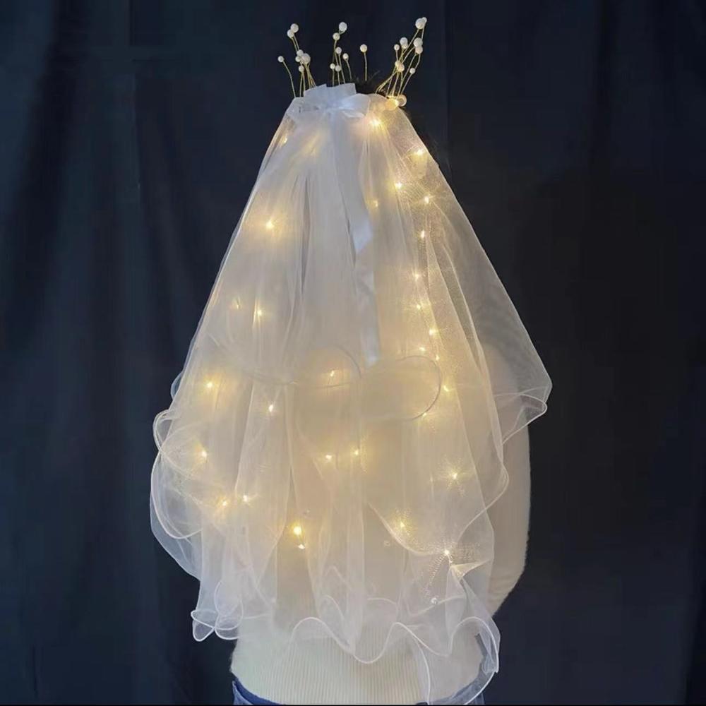 Two-Layered LED Bridal Veil Handcrafted Illuminated Glittery Light-up ...
