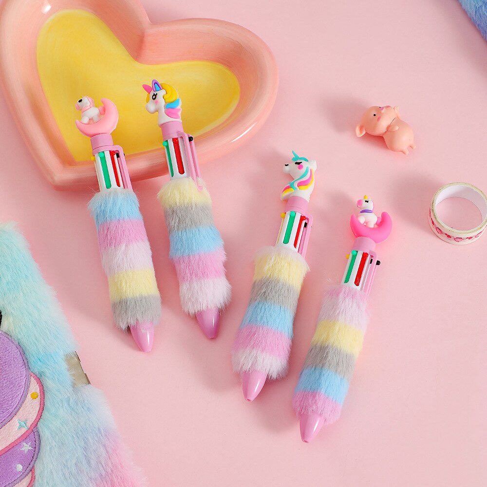 2PCS 6 Colors Children's Unicorn Plush Ball-point Pen Student Rainbow ...