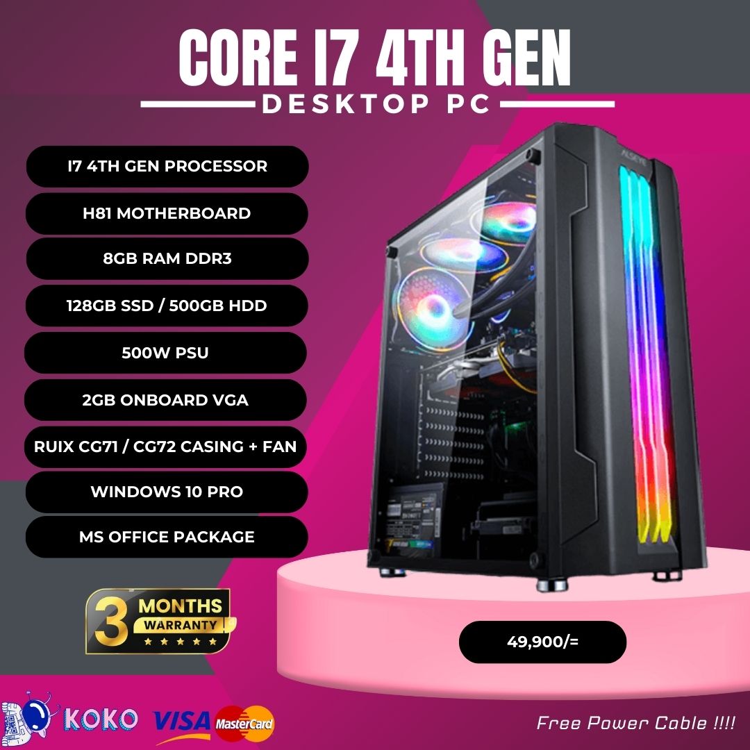 Core I7 4th Gen Gaming RGB Desktop PC 8GB Ram | 128GB SSD | 500GB HDD | 500W Gaming PSU ...