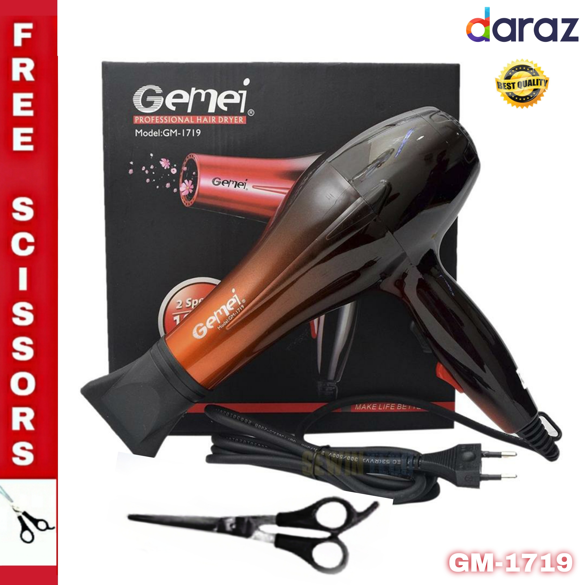Gemei 1800W Professional Hair Dryer GM-1719 Blow Hot Air style with Nozzles Hot & Cold Air Speed ...