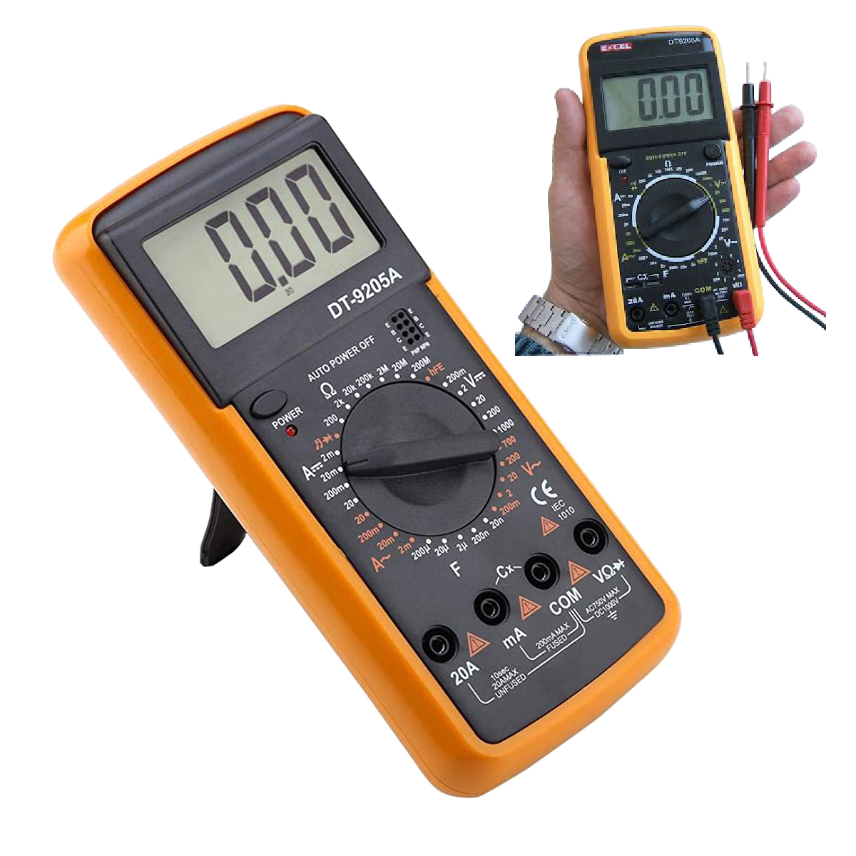 Digital Multimeter, DT9205A LCD Display Handheld Digital Multimeter AC/DC Resistance Capacitance ...