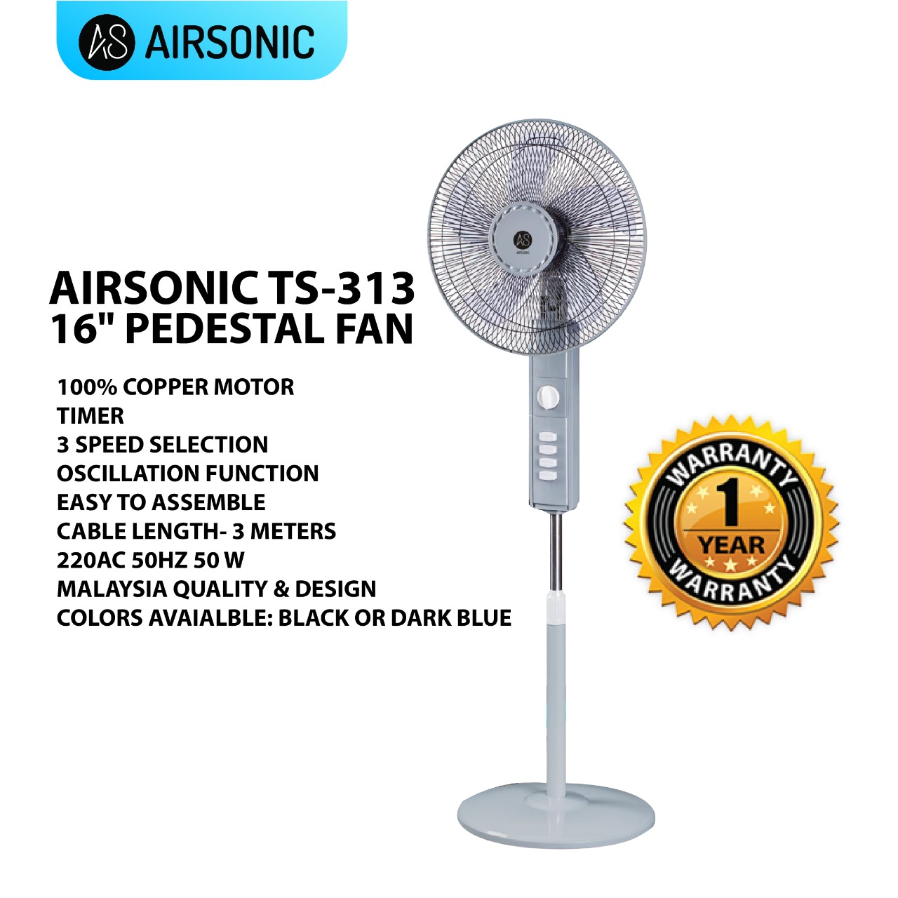 "Airsonic Breeze TS313 Pedestal stand fan - (Dark Blue)" | Daraz.lk