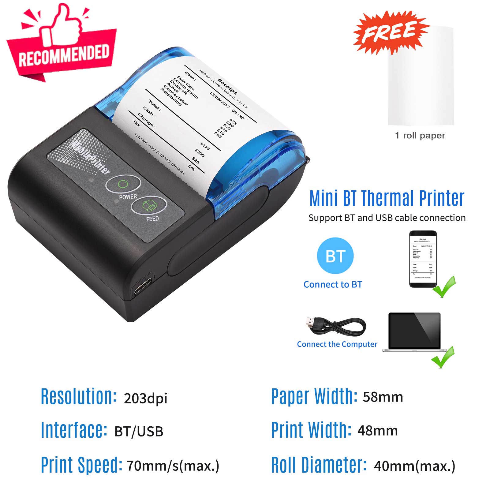 Receipt Printer, Portable Mini Thermal Receipt Printer 2 inch Wireless ...