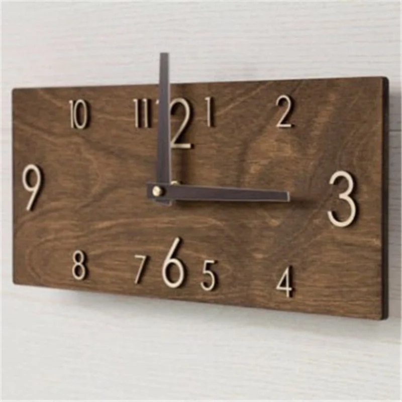 Wooden Wall Clock Rectangular 3D Big Hanging Clocks Retro Creative Home ...