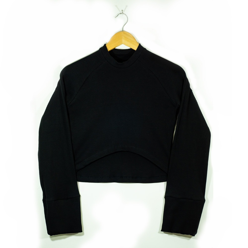 Ulzan Top Crop T-Shirt Rib Cotton Fabric 190 Gsm Tops Long Sleeve Crew Neck Casual Regular Fit ...