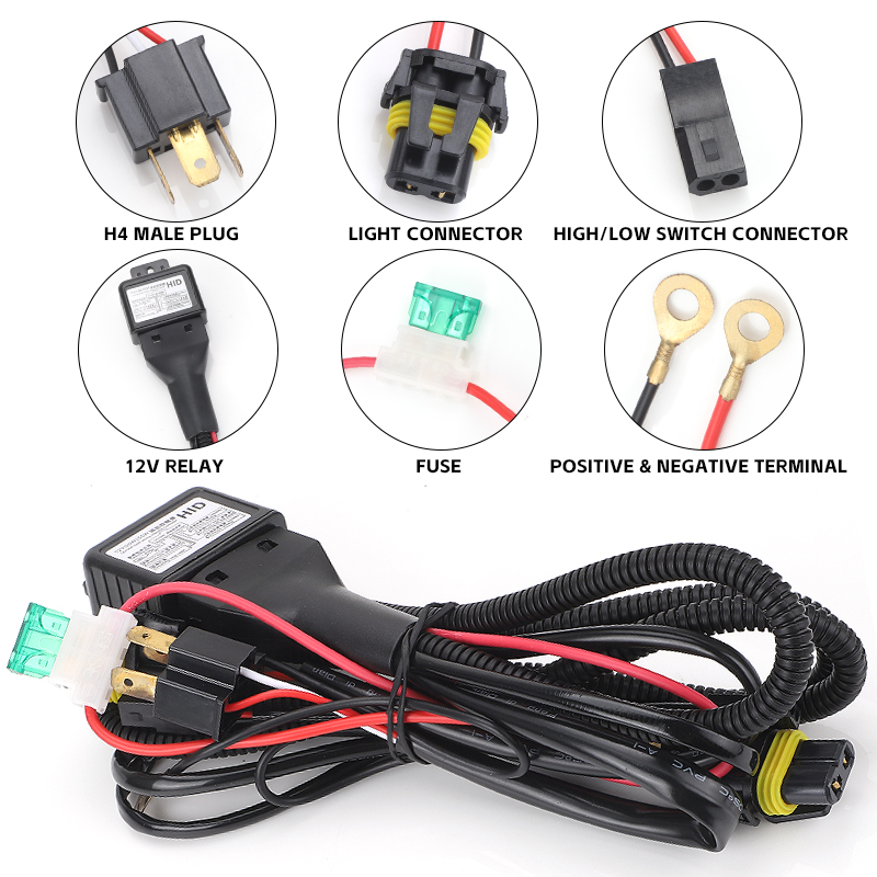 12V H4 HID LED Relay Harness Wire 1 lead 2 Lamp High Low Lens For Bi ...