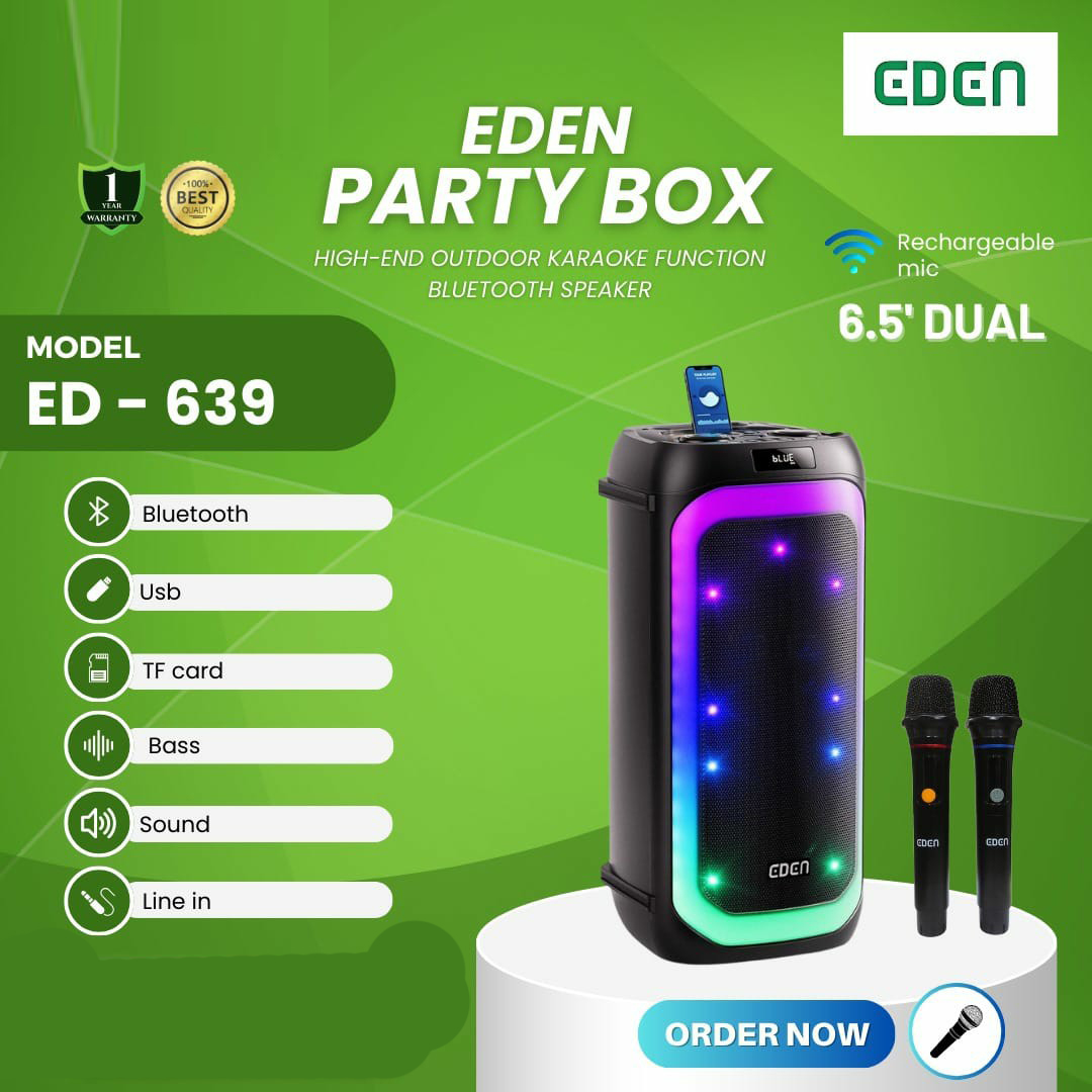 EDEN ED-639 Double 6.5 Inch Super Bass 60 Watt Portable Wireless Bluetooth Speaker with RGB ...