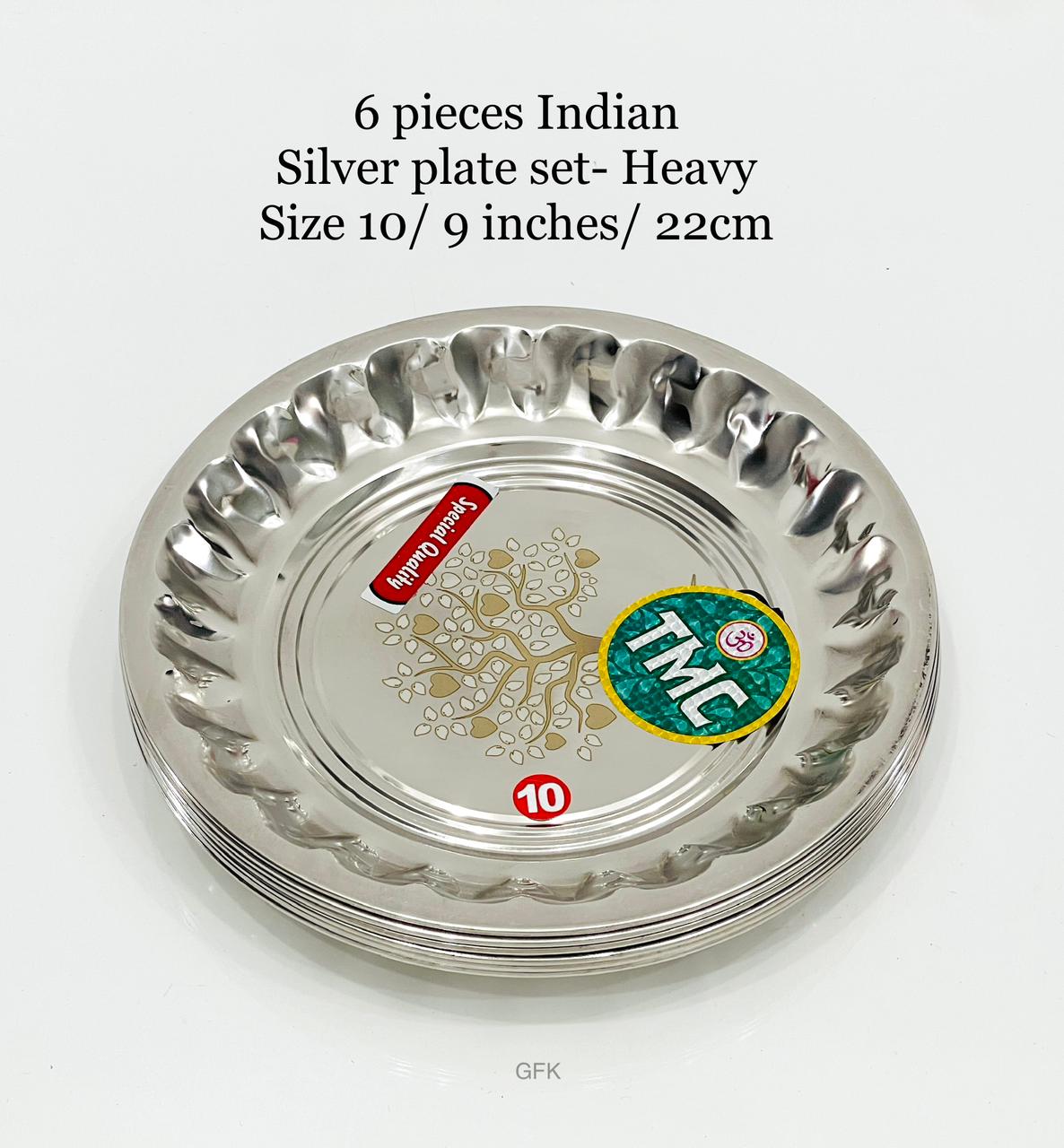 6-Piece Heavy Indian Silver Plate Set - 20cm, 22cm, 25cm - Traditional ...