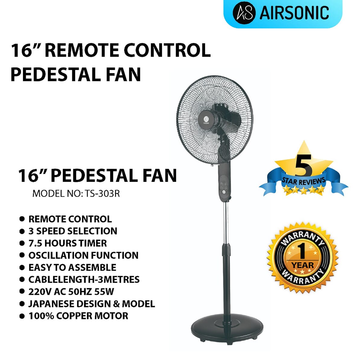 Airsonic Stand fan Remote TS-303R (Black ) | Daraz.lk