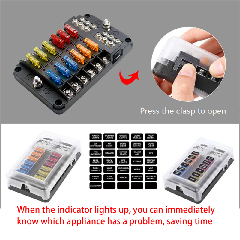 12V Fuse Block 12 Circuit Fuse Box Kit,with LED Indicator with Negative ...