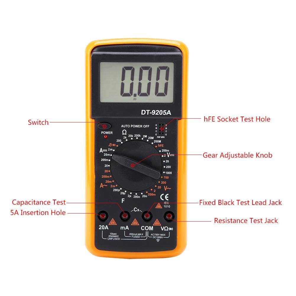 Digital Multimeter, DT9205A LCD Display Handheld Digital Multimeter AC/DC Resistance Capacitance ...