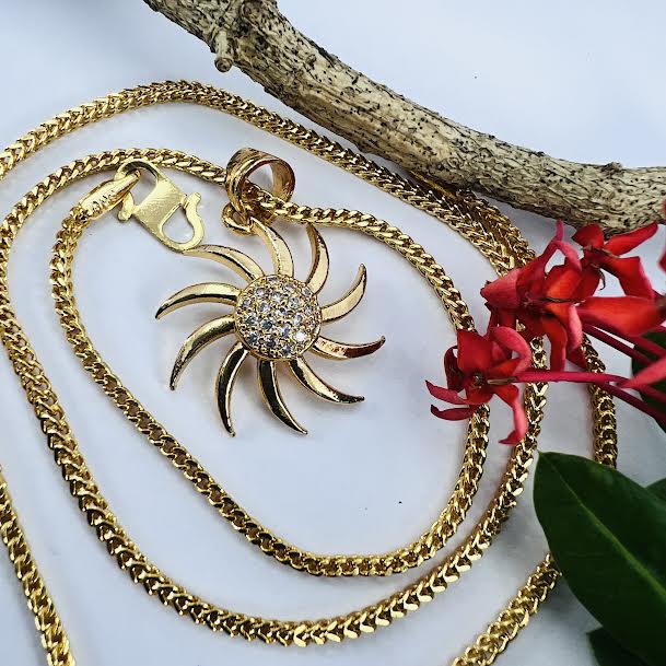 Gold Plated Chein 2MM fox Chain with Beautiful sun pendent with fixed ...