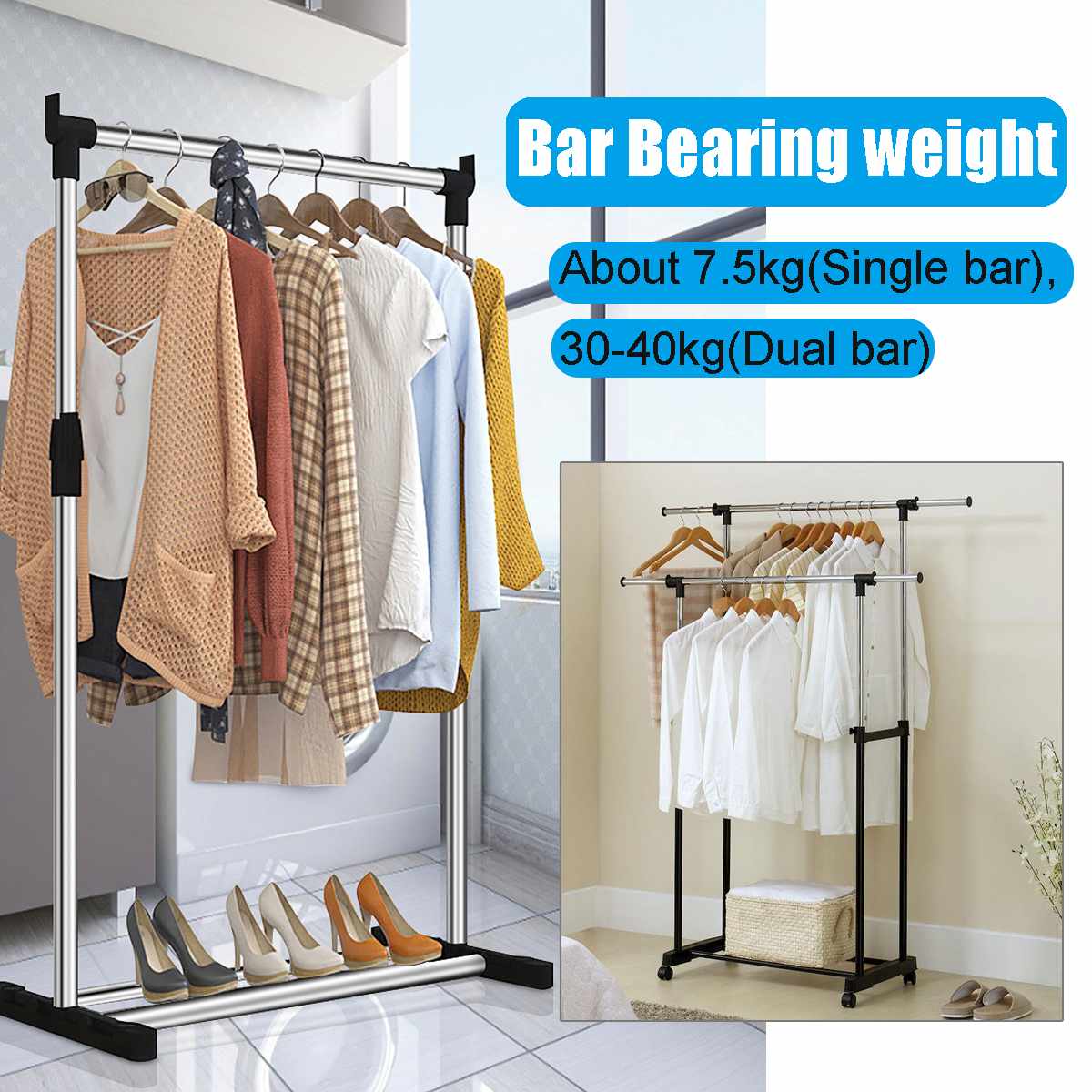 ktrTAGE Double Pole Cloth Rack/Clothes Hanger/Rack with Rolling Rail ...