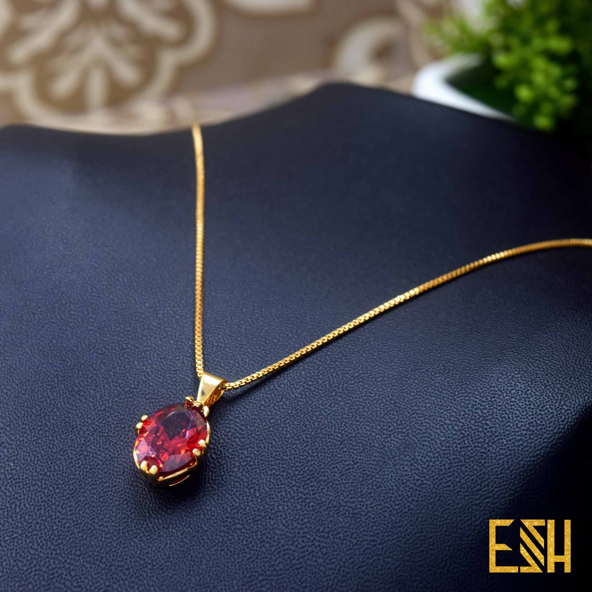 18inch gold plated 01MM BOX chain with Cubic zirconia Oval RED stone ...