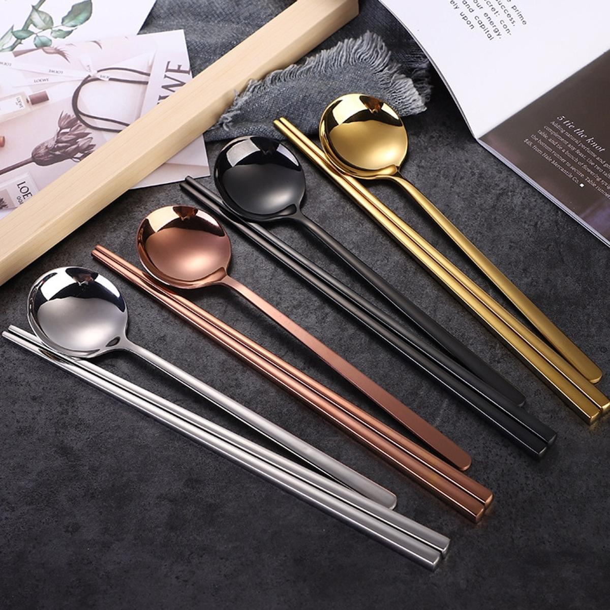 【HOT】 Korean Long Handle Chopsticks Spoon Cutlery Set Reusable ...