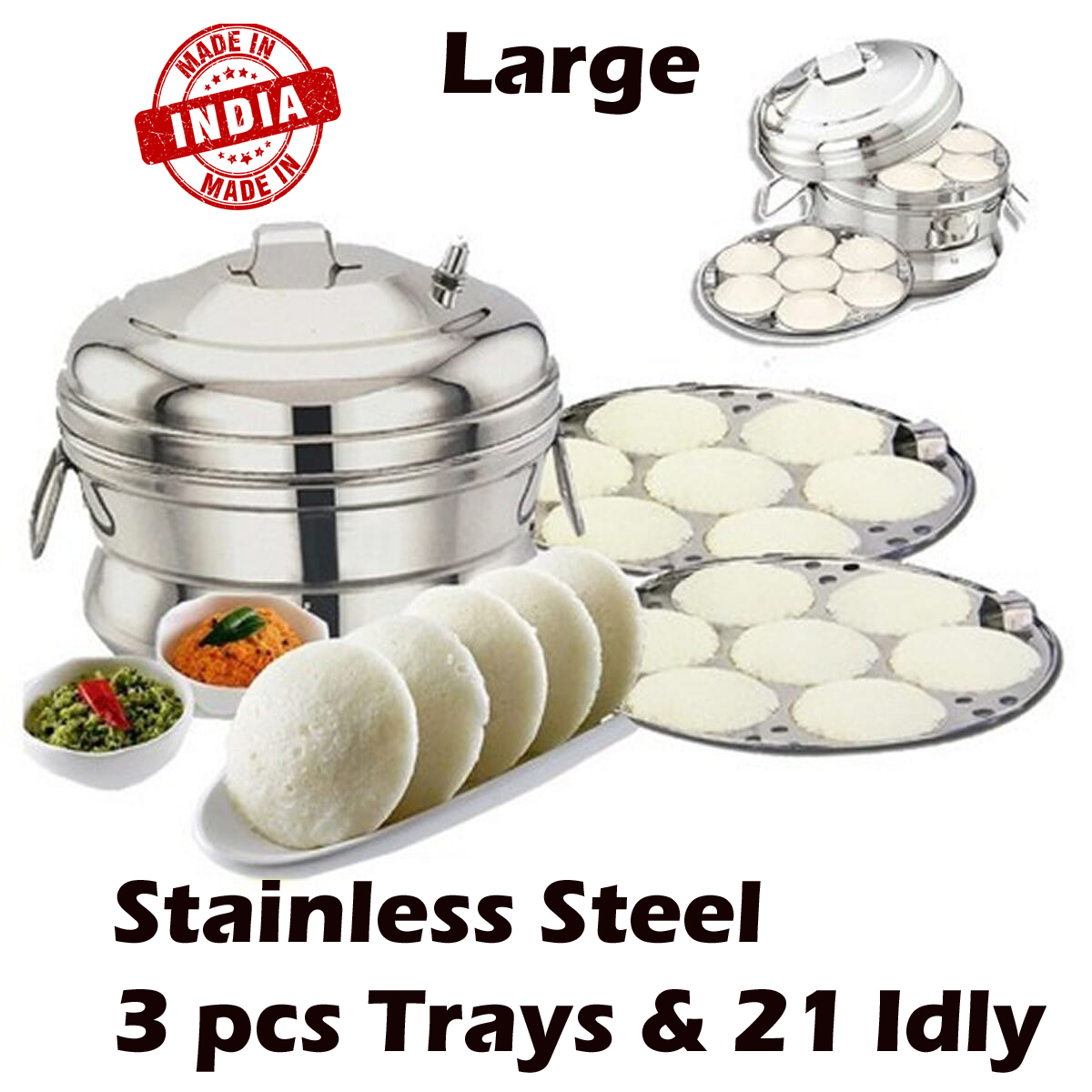 Stainless Steel Idly Pot with Steamer and Large 3 Idly Plates & 21 Idly ...
