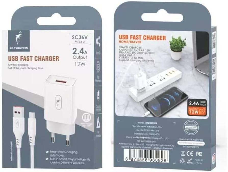 Sky Dolphin Micro USB Charger/Data Transfer Cable / 12W / 2.4A / White ...