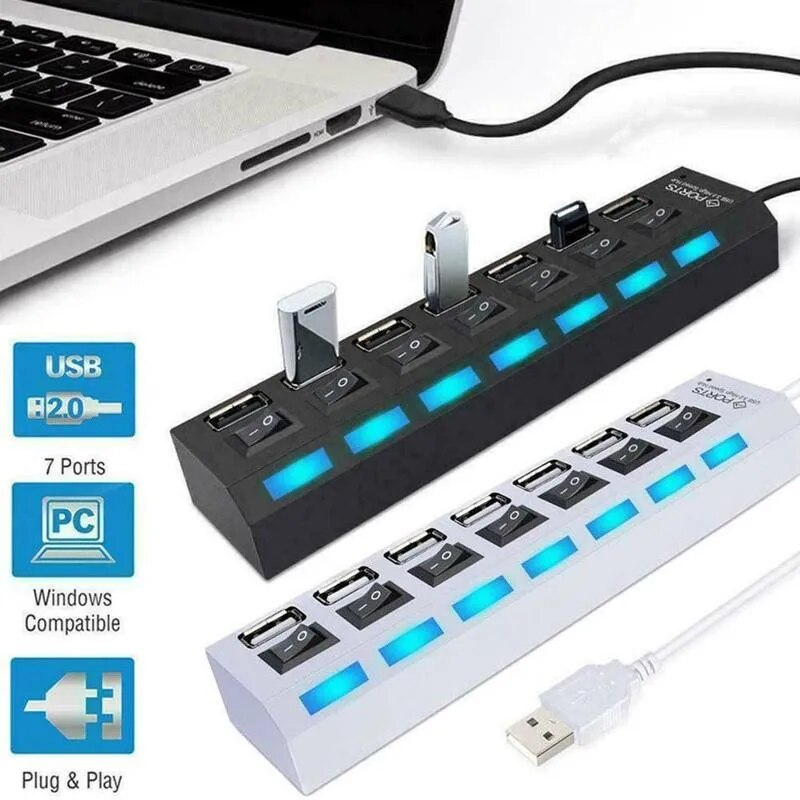 USB 2.0 HUB 7 Port Multiple Expander Hab Use Power Adapter With ...