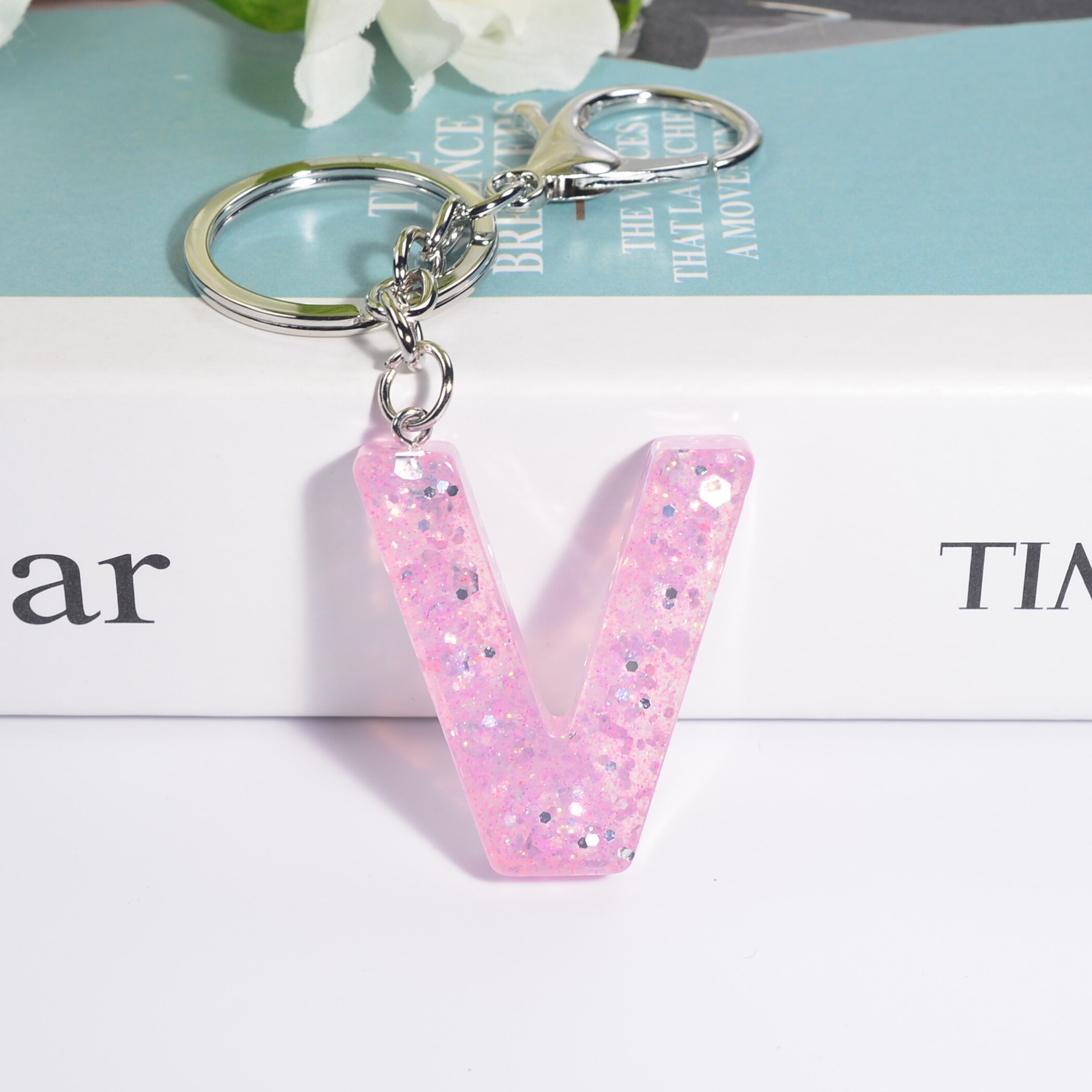 New 26 Letter Pink Letters Keychains Glitter Sequins Resin Key Chain ...