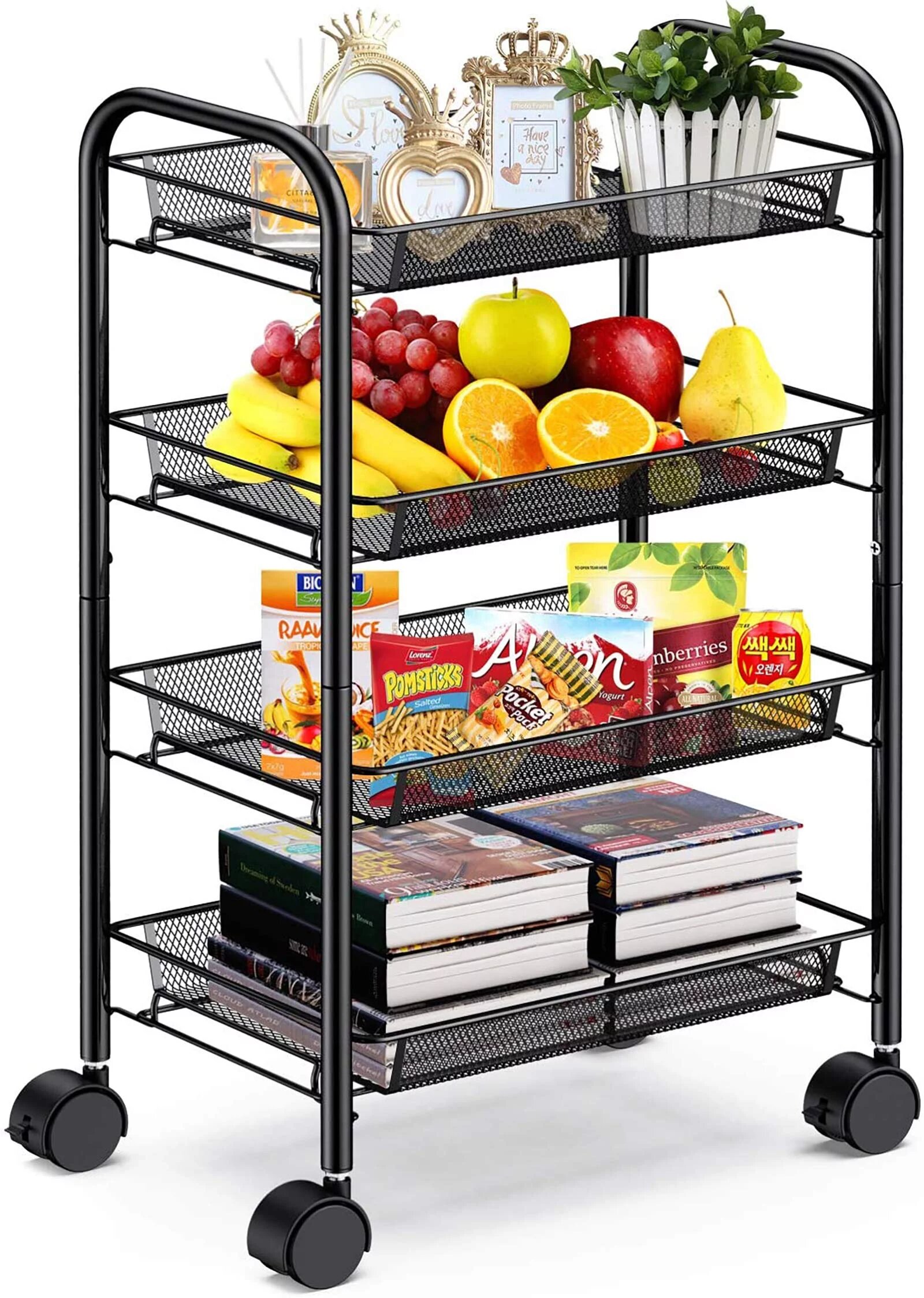 4 Tier Mesh Wire Rolling Storage Cart, Kitchen Storage Unit on Wheels ...