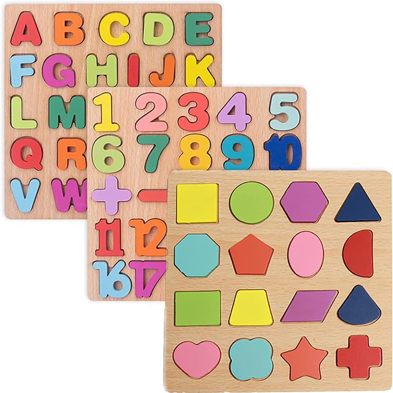 3 pcs Wooden Puzzles for Toddlers, 3pack Alphabet /Shape/ Number ...