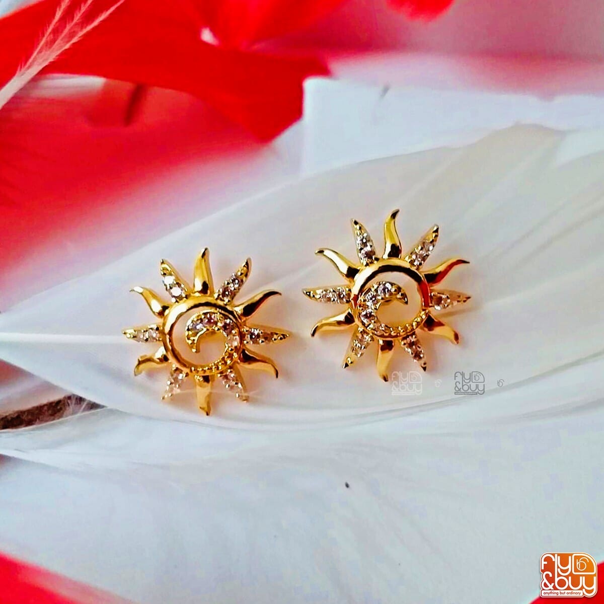 Gold Plated Sun Earrings White Stone Guaranteed Earring 18k Free Box