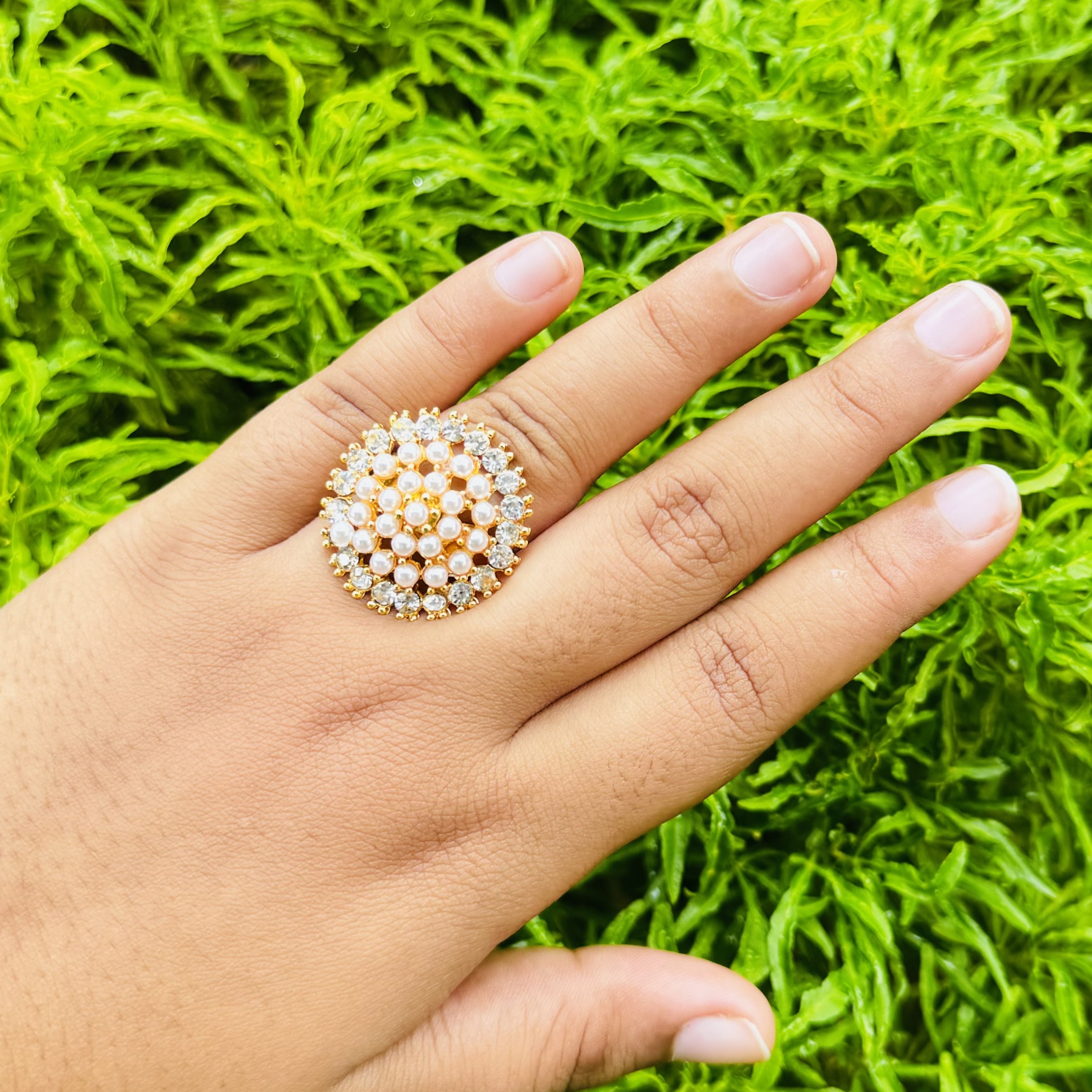 Gold color cute, beautiful adjustable finger ring with white stone ...