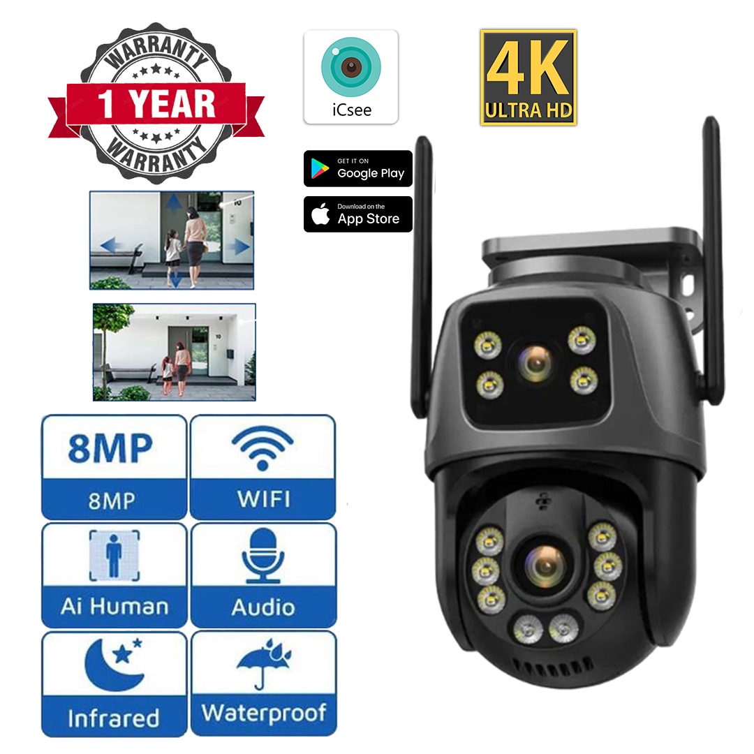 8MP 4K PTZ WiFi IP Camera Security Protection Dual Lens Screen Color ...
