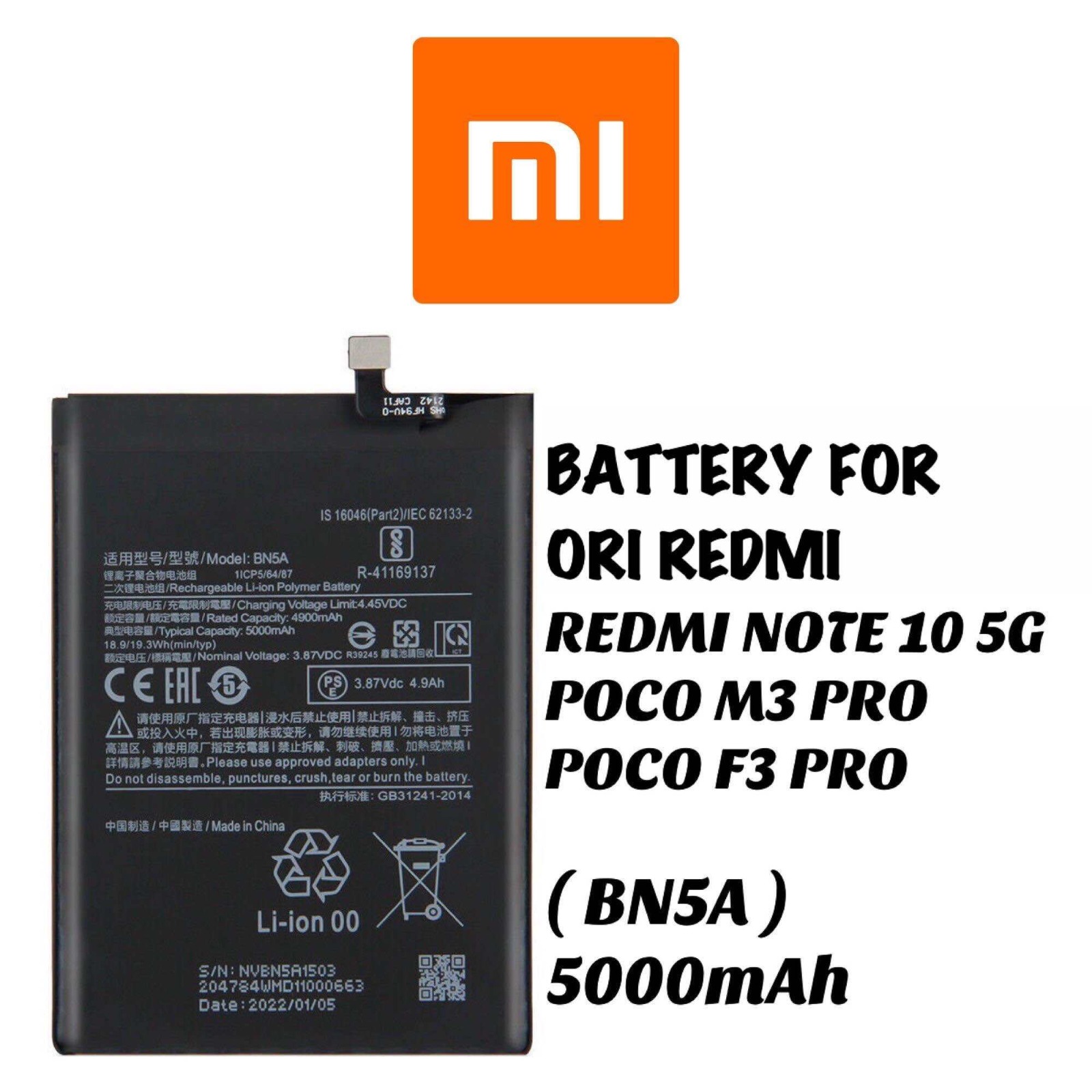 REDMI NOTE 10 5G / POCO M3 PRO / POCO F3 PRO (BN5A) 5000mAh BATTERY ...