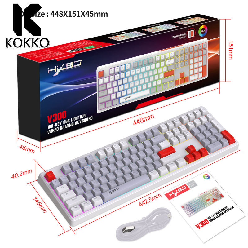 KOKKO V300 Gaming Keyboard 108 Keys Portable Wired Office Keyboard With ...