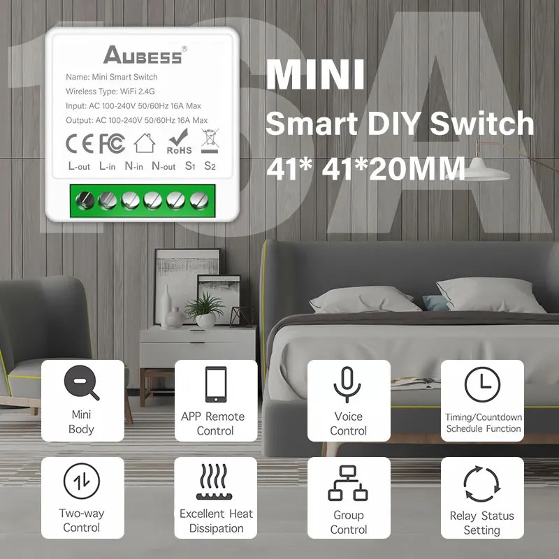 16A Mini Wifi Smart Switch Tuya/Smartlife App DIY Relay Brand Aubess ...