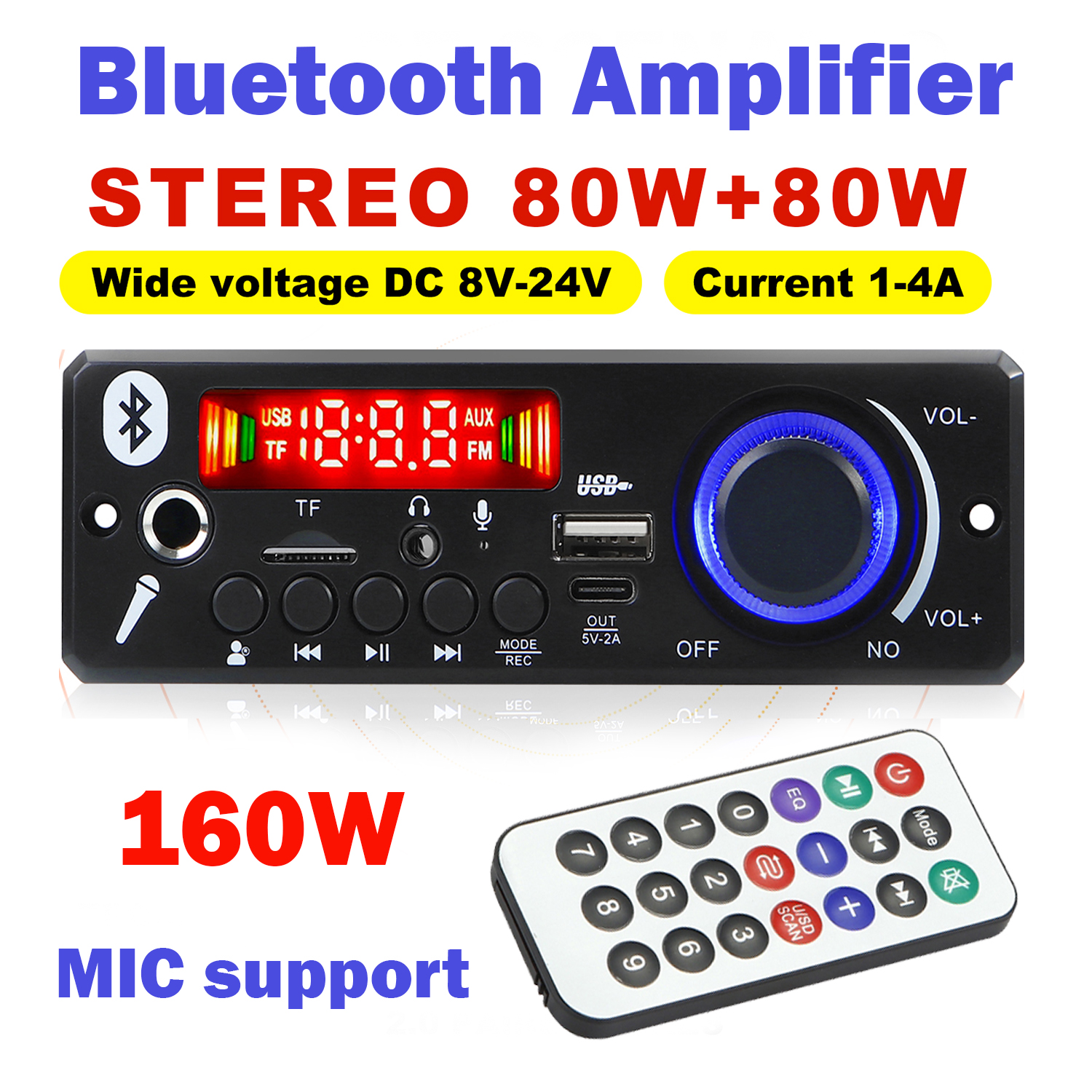 160W Amplifier Bluetooth mp3 kit Decoder Board 12V 6.5mm Microphone FM ...