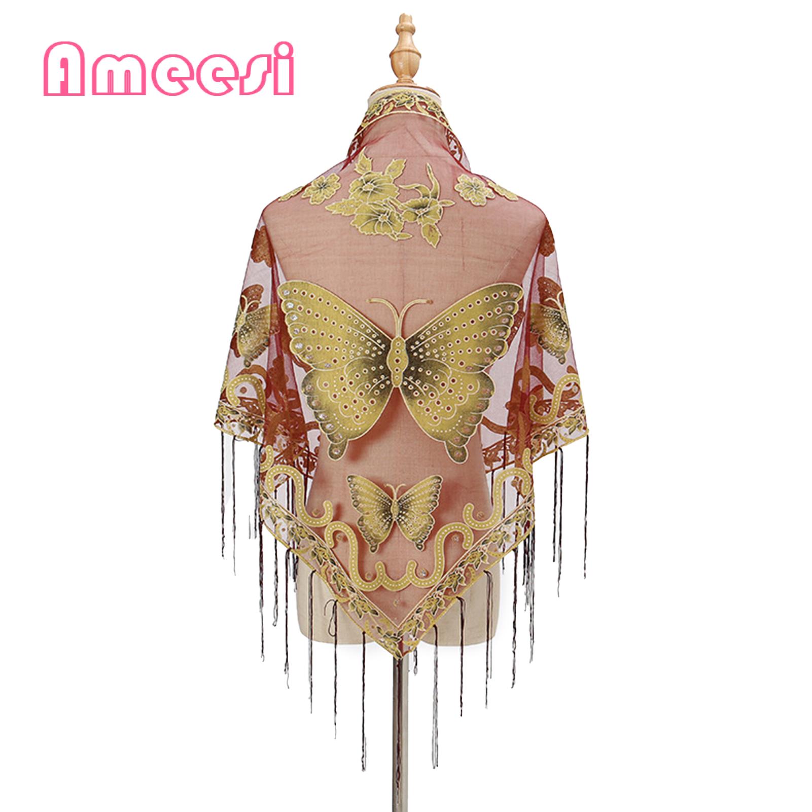 Women Triangle Shawl Vintage Floral Print Tulle Shawl Scarf for Women ...