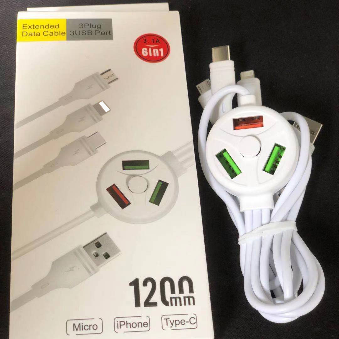 Buy 6in1 Multi Extended data cable 3A 4FT 3 Plugs & 3 USB Ports