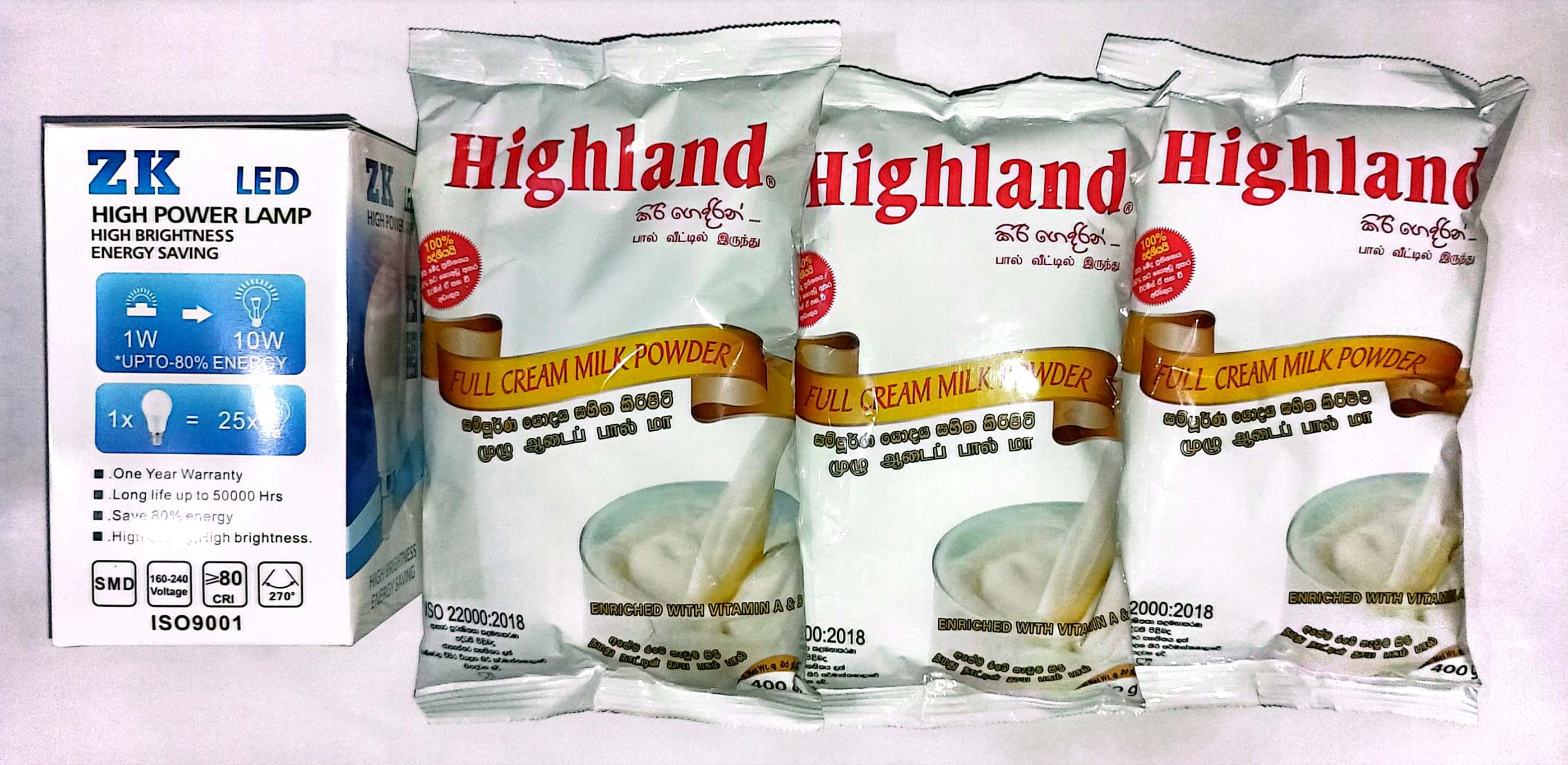 Highland full cream milk powder 400g 3 packets and 5w one high power led bulb | Daraz.lk