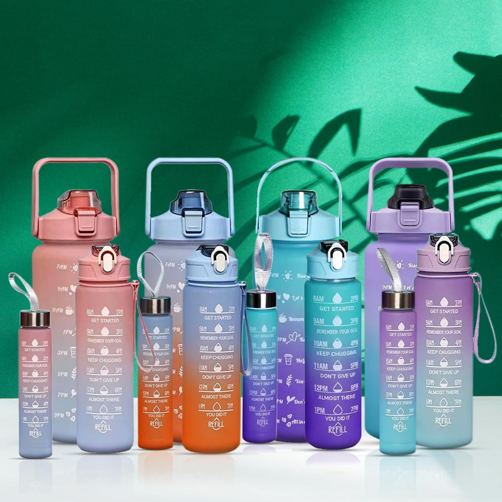 Silicone Sports Water Bottle Set: 3-Pack With 2 liter ,900Ml, and 300Ml Time Marker And Straw ...