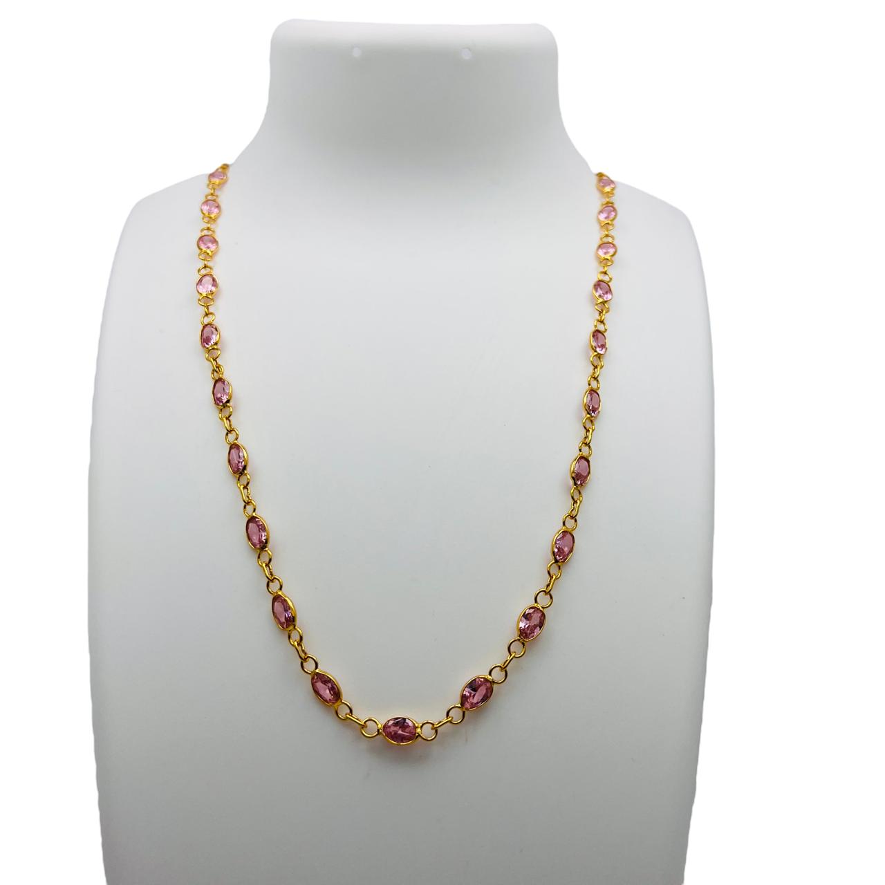 Gold plated Chein Ladies 18/24 Inch Chain with PINK Colored Oval Stone ...