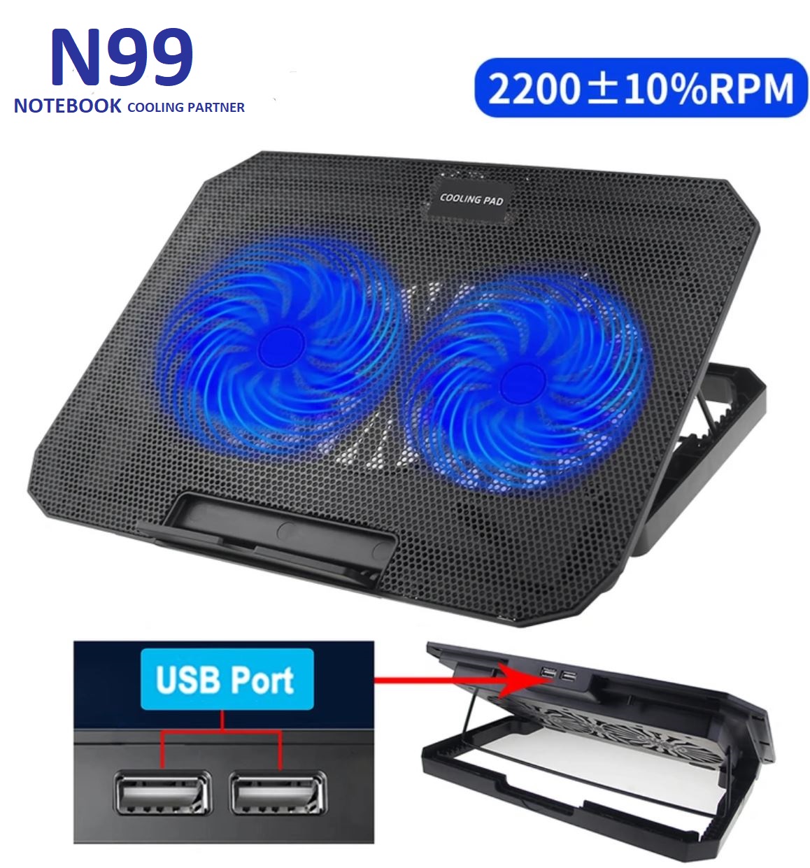 N99 Laptop Cooling [Application Laptop Size:12-16inch] Pad With Adjustable Stand 2 Fans Portable ...