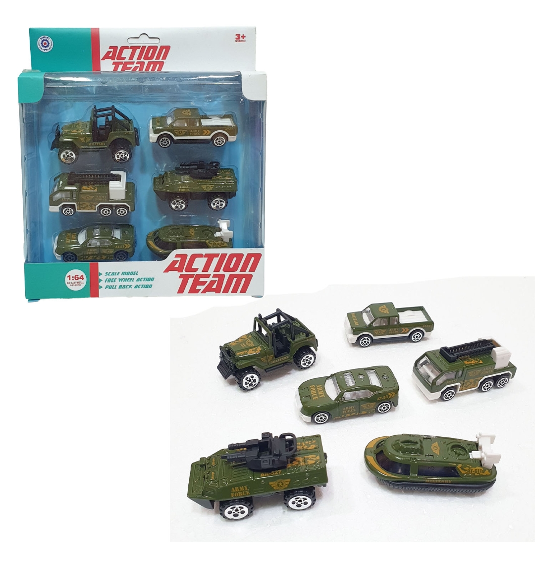 6 Pcs Action Team Die Cast Army Vehicles Set - 1:64 Scale Free Wheel ...