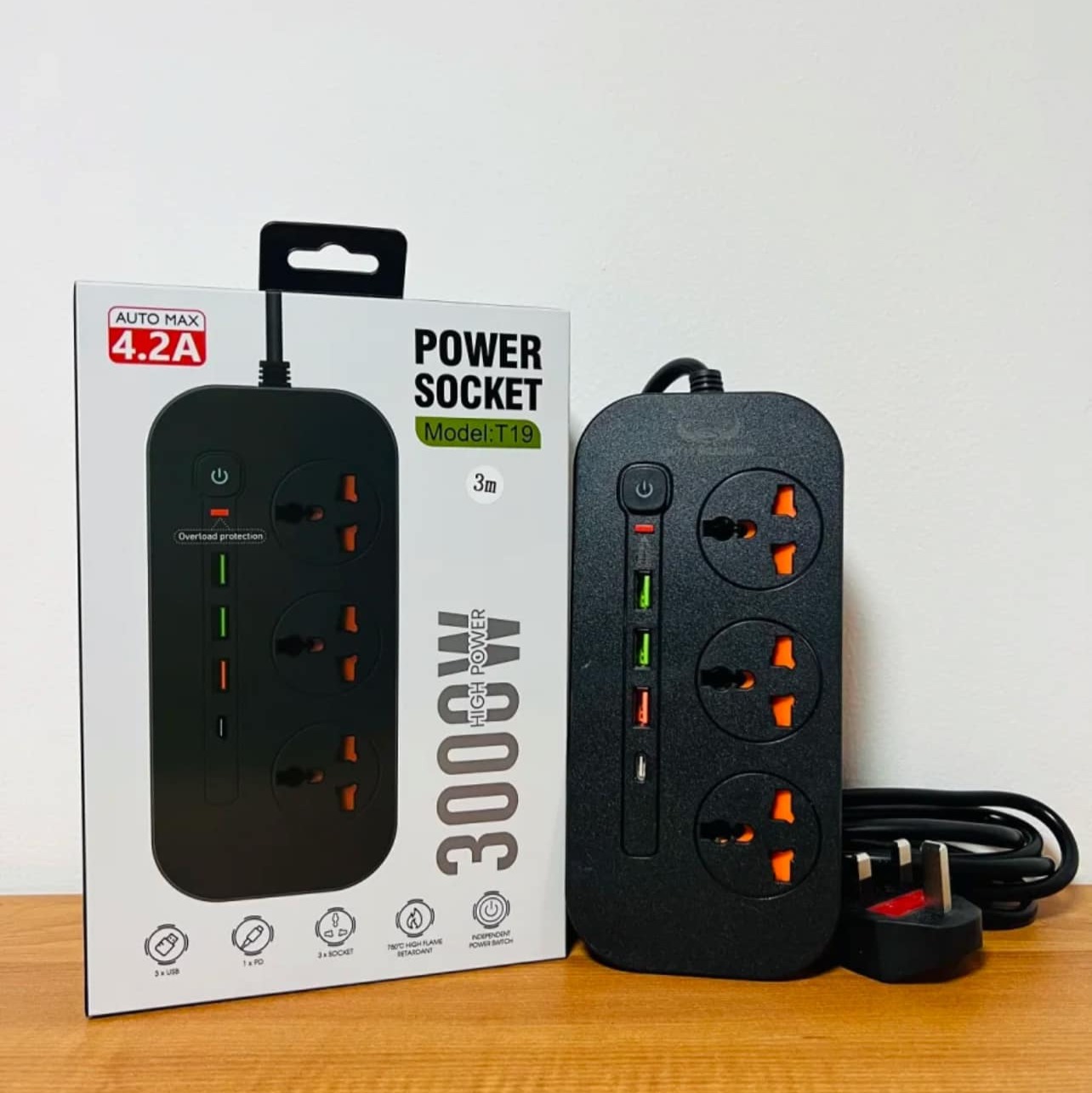 POWER EXTENSION CORD UK Plug Power Cord 3 Universal AC Socket & 3 USB & Type C Port AutoMax ...