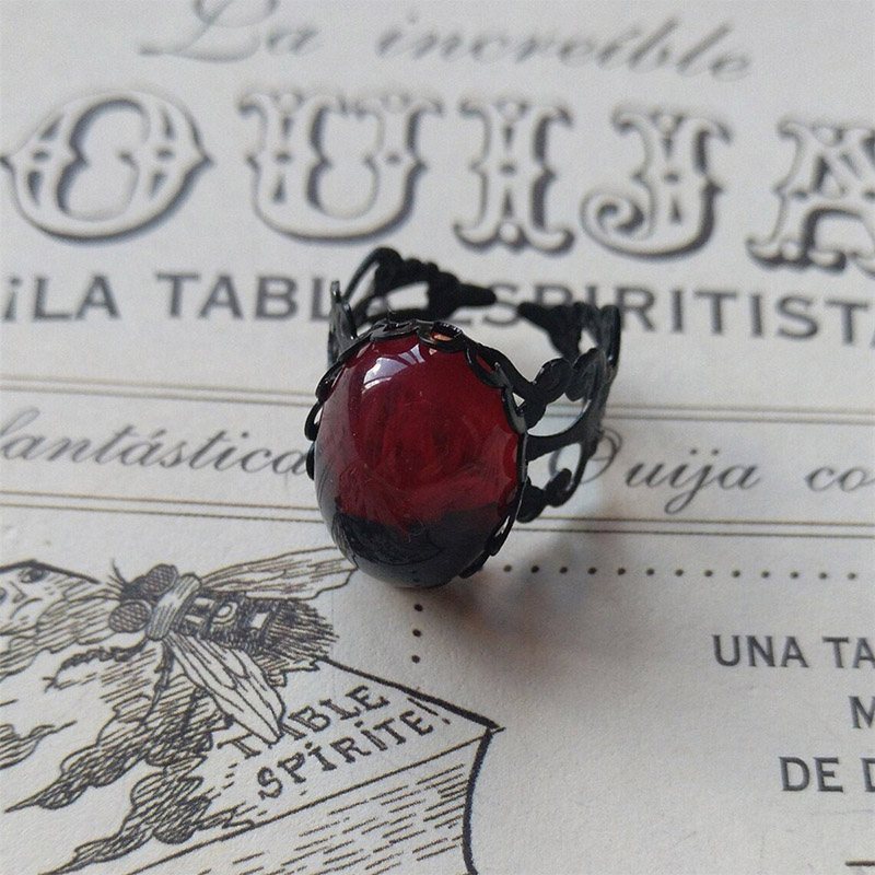 Goth Vampire Black Red Gemstone Rings Irregular Royal Mystery Witch Hollow Open Ring Punk Dark ...