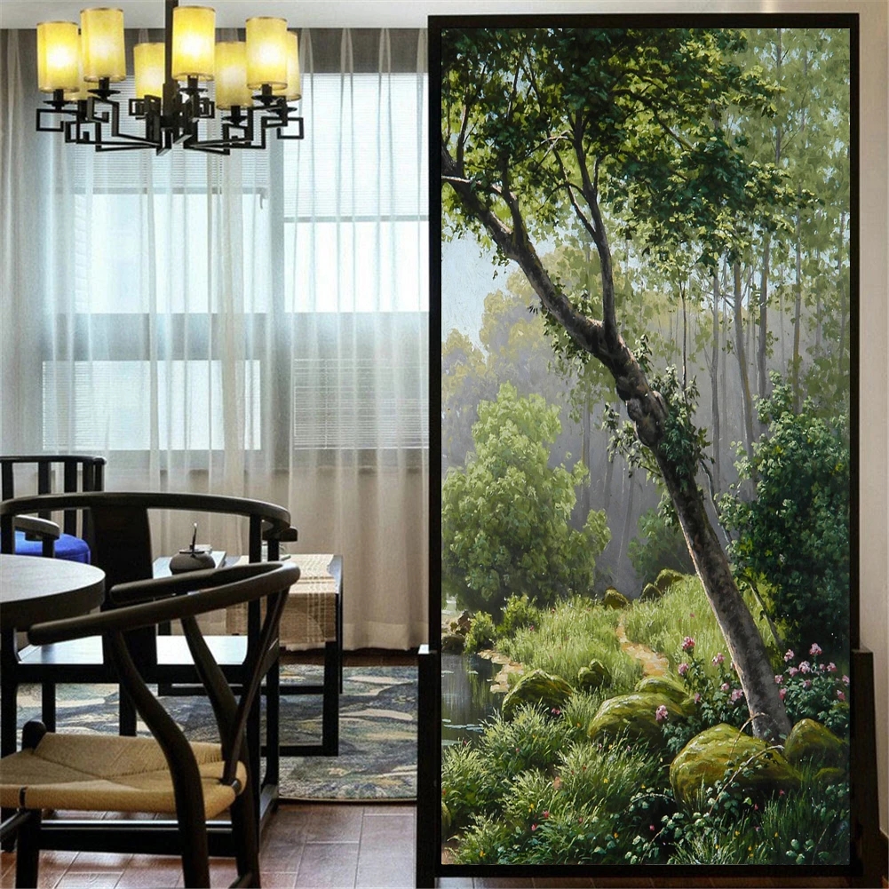 Privacy Windows Film Decorative Forest Creek Painting Stained Glass ...