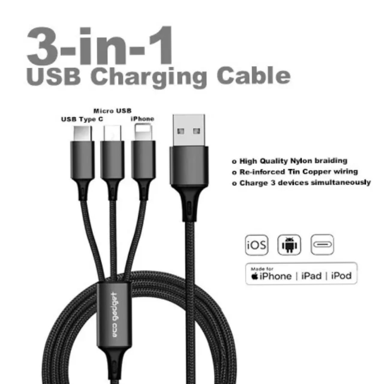 Charger 3 in 1 USB Cable for iPhone, All Android Phones Micro USB and ...