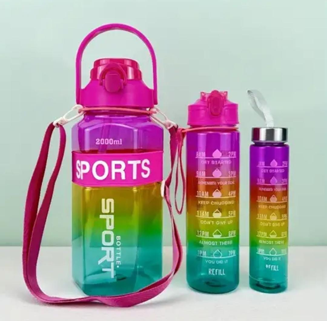 3 Pack Water Bottles Set with 2L Large Bottle 900ML Portable Bottle and 300ML Mini Bottle ...