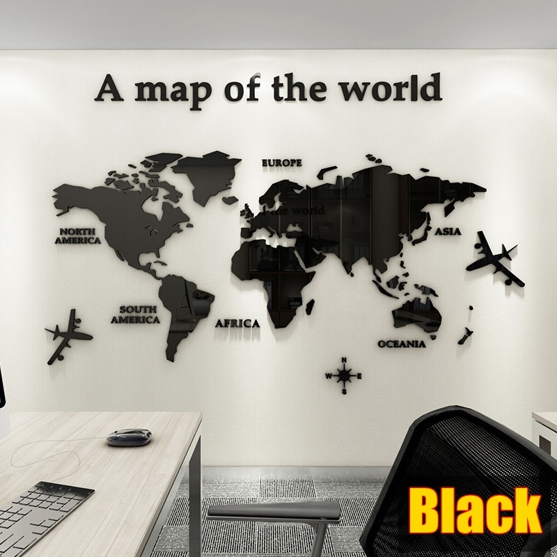 3D World Map Wall Sticker Acrylic Solid Color Crystal Bedroom Wall With ...