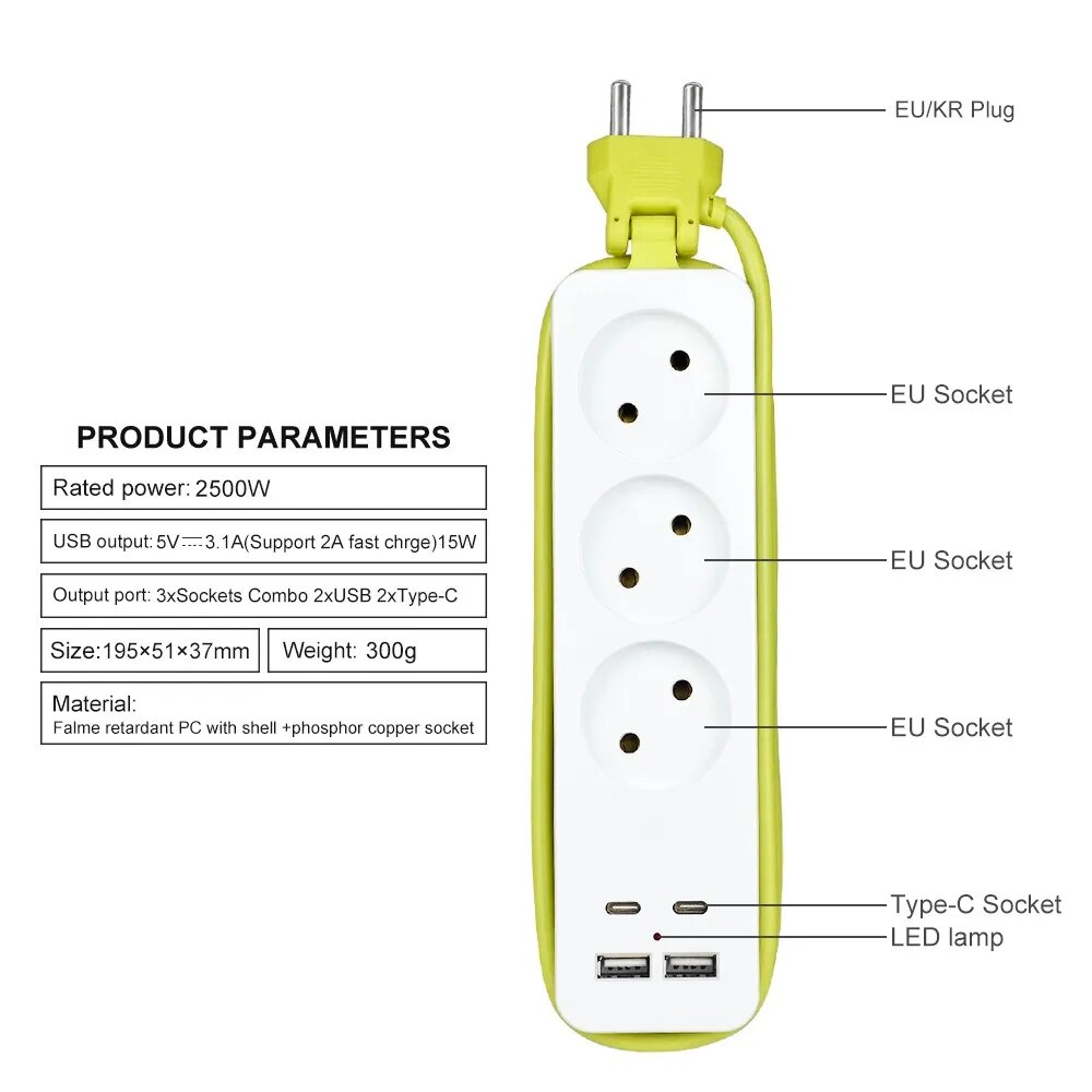 VISWE Power strip USB Type-C 5V 3.1A, EU plug Multi outlets Russia ...