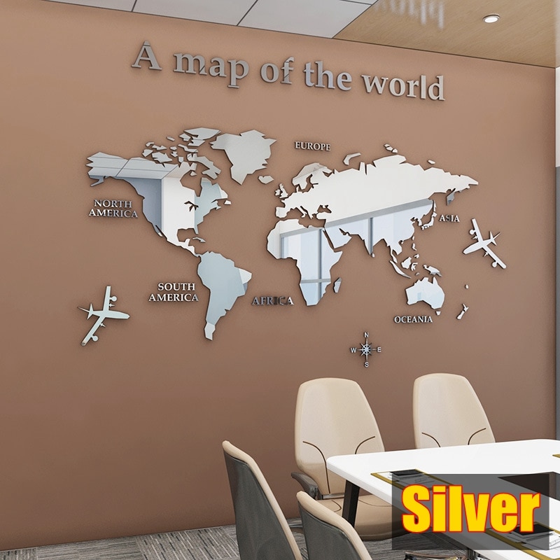 3D World Map Wall Sticker Acrylic Solid Color Crystal Bedroom Wall With ...
